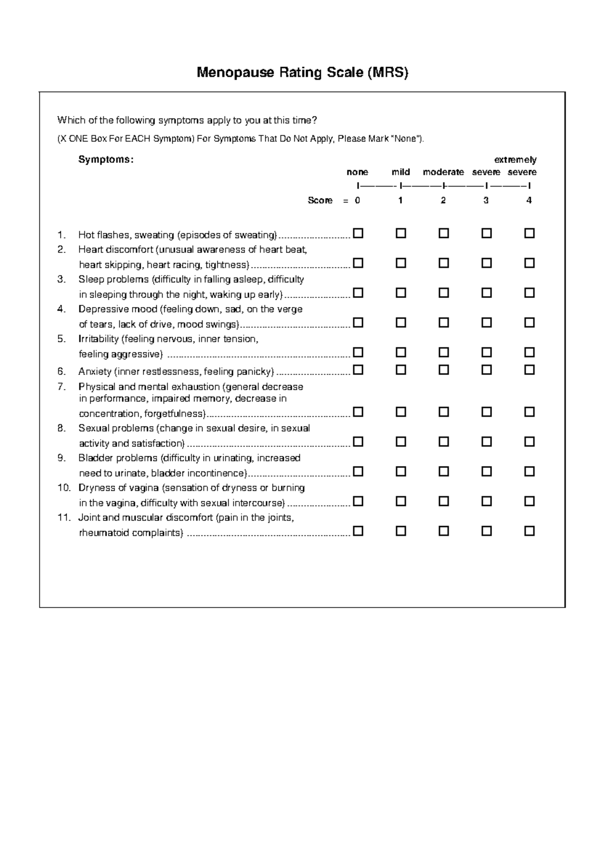MRS QOL questionnaire - Menopausal scale quality of life - Menopause ...