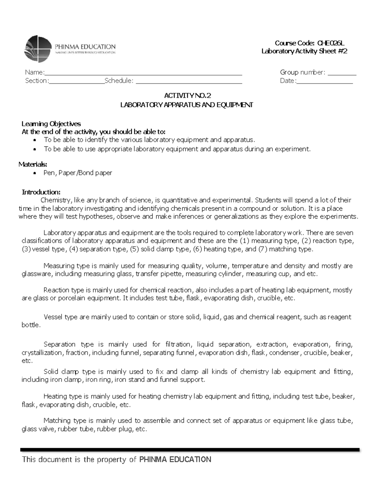 CHE026L Laboratory Activity Sheet: Identifying Lab Apparatus - Studocu