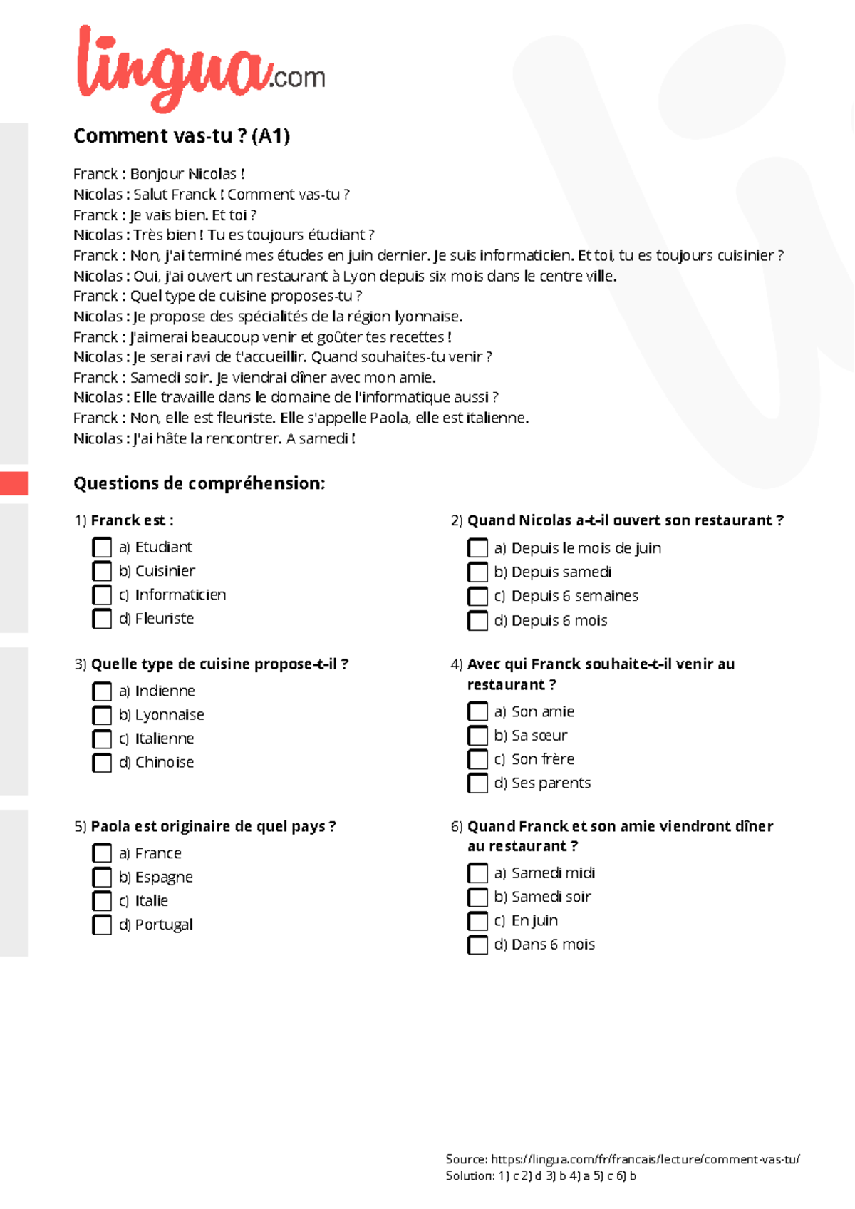 Texte de compréhension : Comment vas-tu ? (A1) - Studeersnel