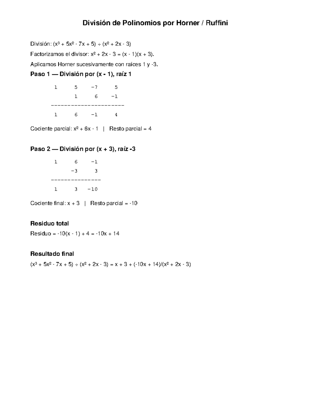 Division horner - Desarrolla - División de Polinomios por Horner ...