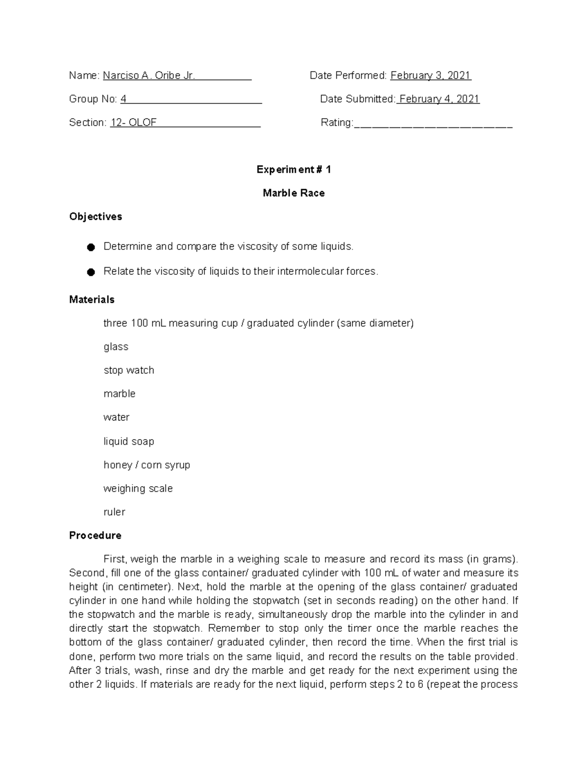 534113275 Experiment 1: Marble Race Viscosity Lab Report - Chem 2 - Studocu