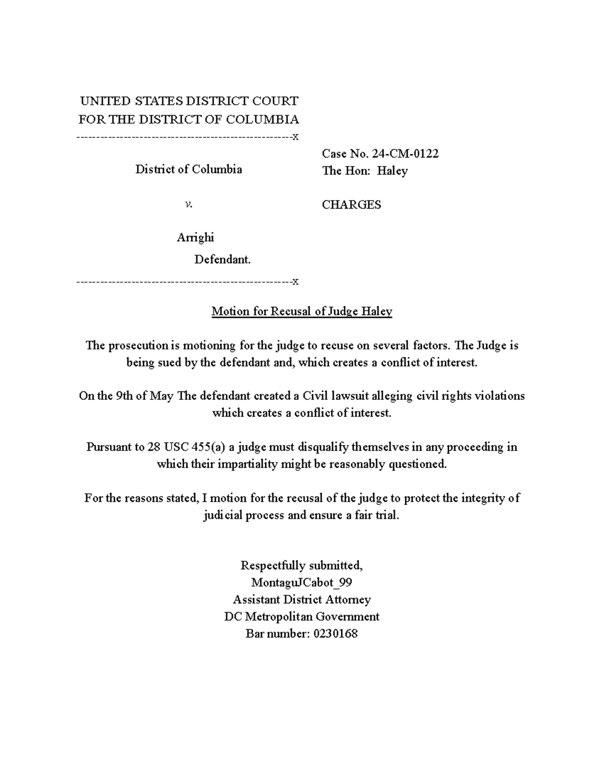 Motion for Recusal - UNITED STATES DISTRICT COURT FOR THE DISTRICT OF ...