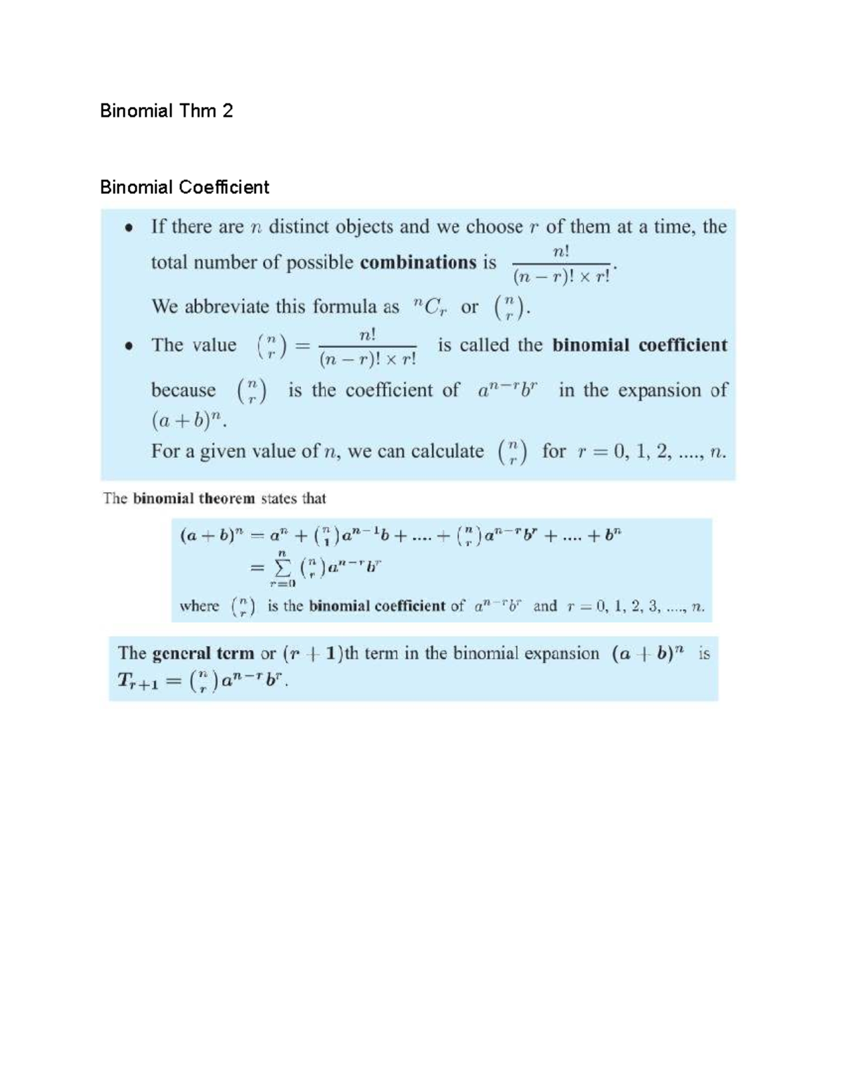 Binomial Theorem & Coefficients - Chapter 1 Notes - Studocu