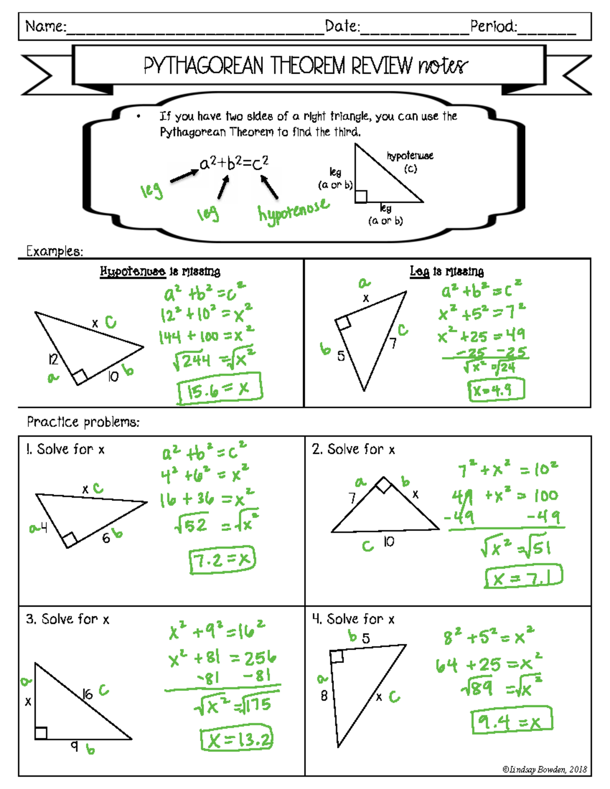 Ch. 9 Pythaogrean Theorem - Answer Key - Hypotenuse is missing Leg is ...