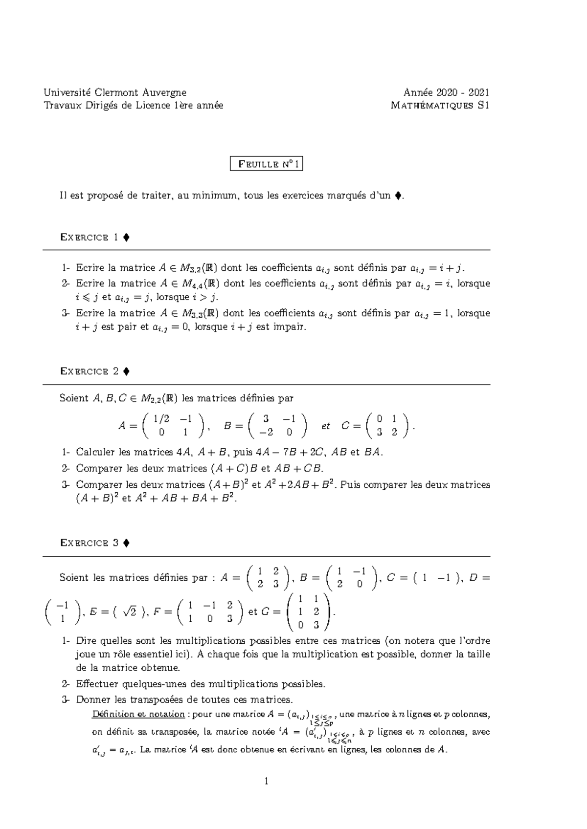 TD sur les Matrices - Licence 1 Mathématiques (2020-2021) - Studocu