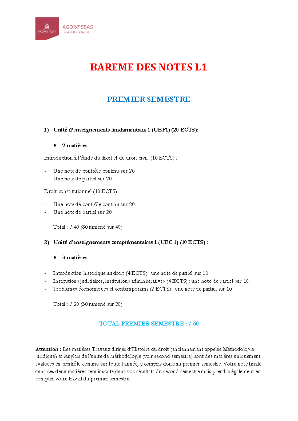 Bareme des Notes L1 - Premier et Deuxième Semestre - Assas - Studocu