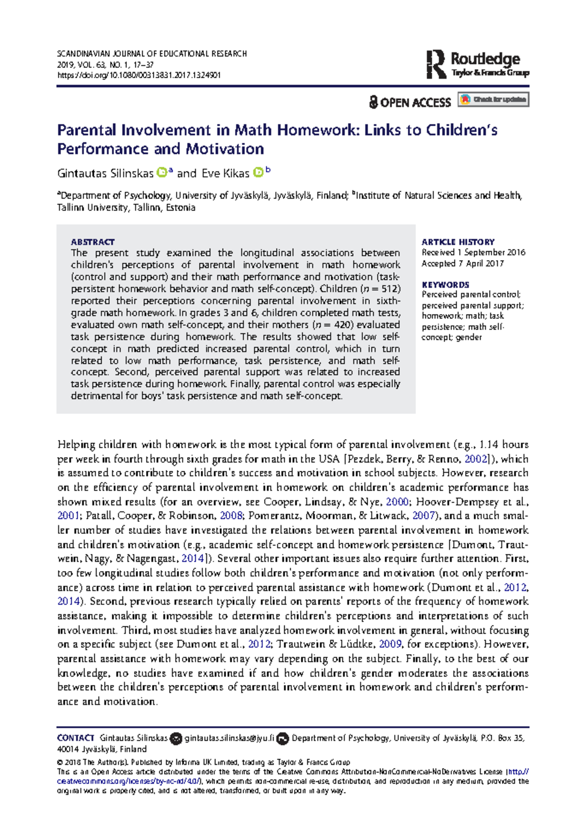 Parental Involvement in Math Homework: Effects on Performance ...
