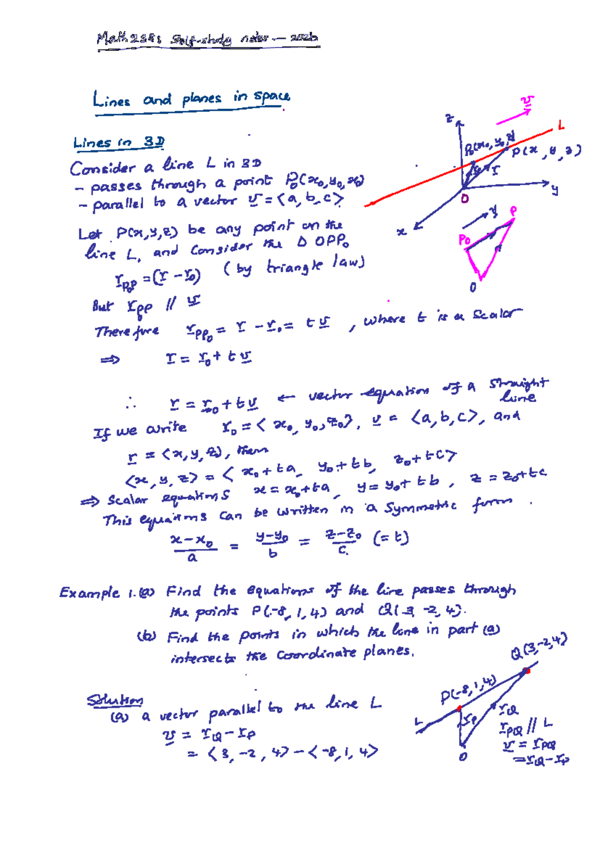 Math 238: Week 1 Notes on Lines and Planes in 3D Space - Studocu