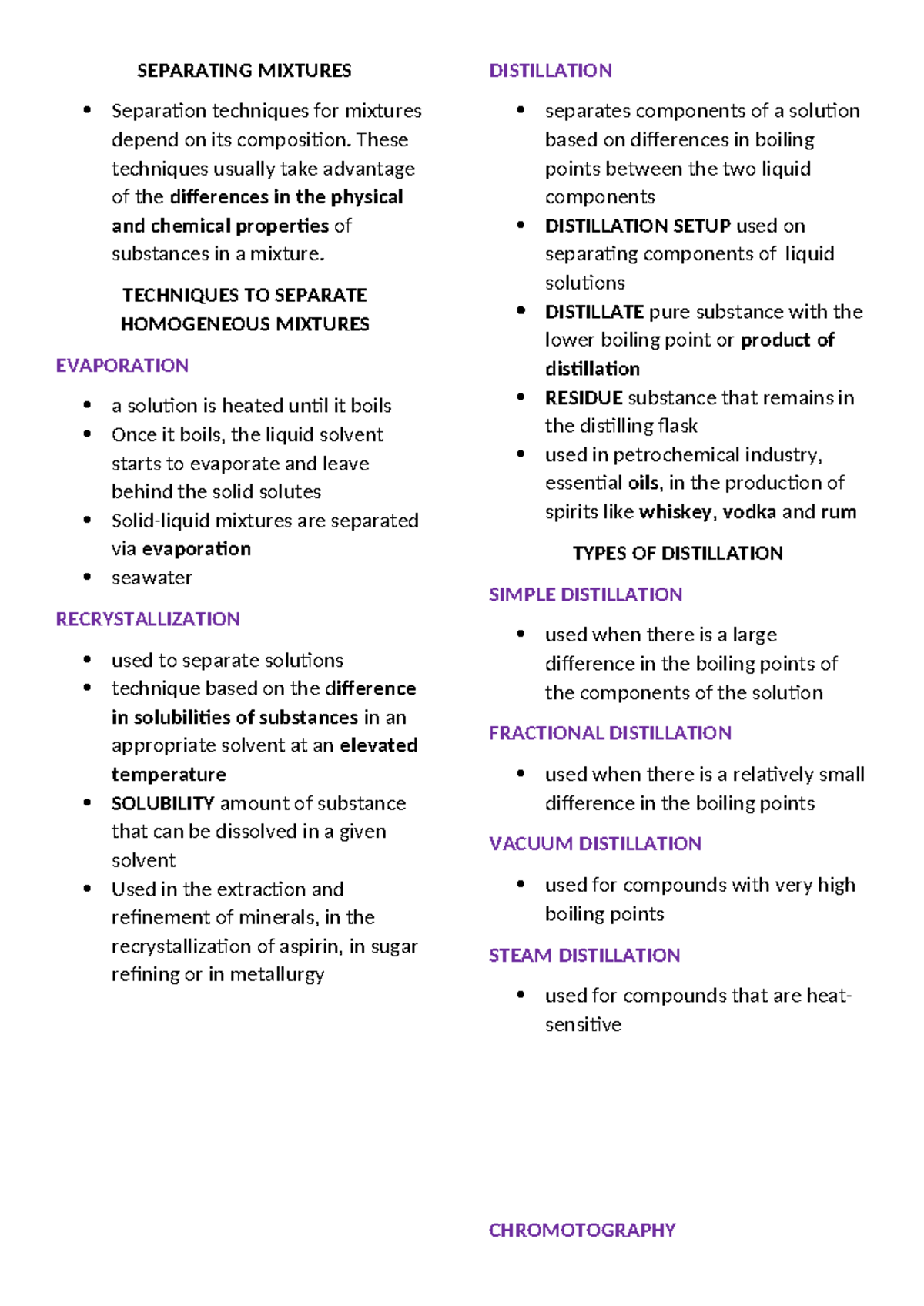 Chemistry Reviewer: Separation Techniques for Mixtures - Studocu