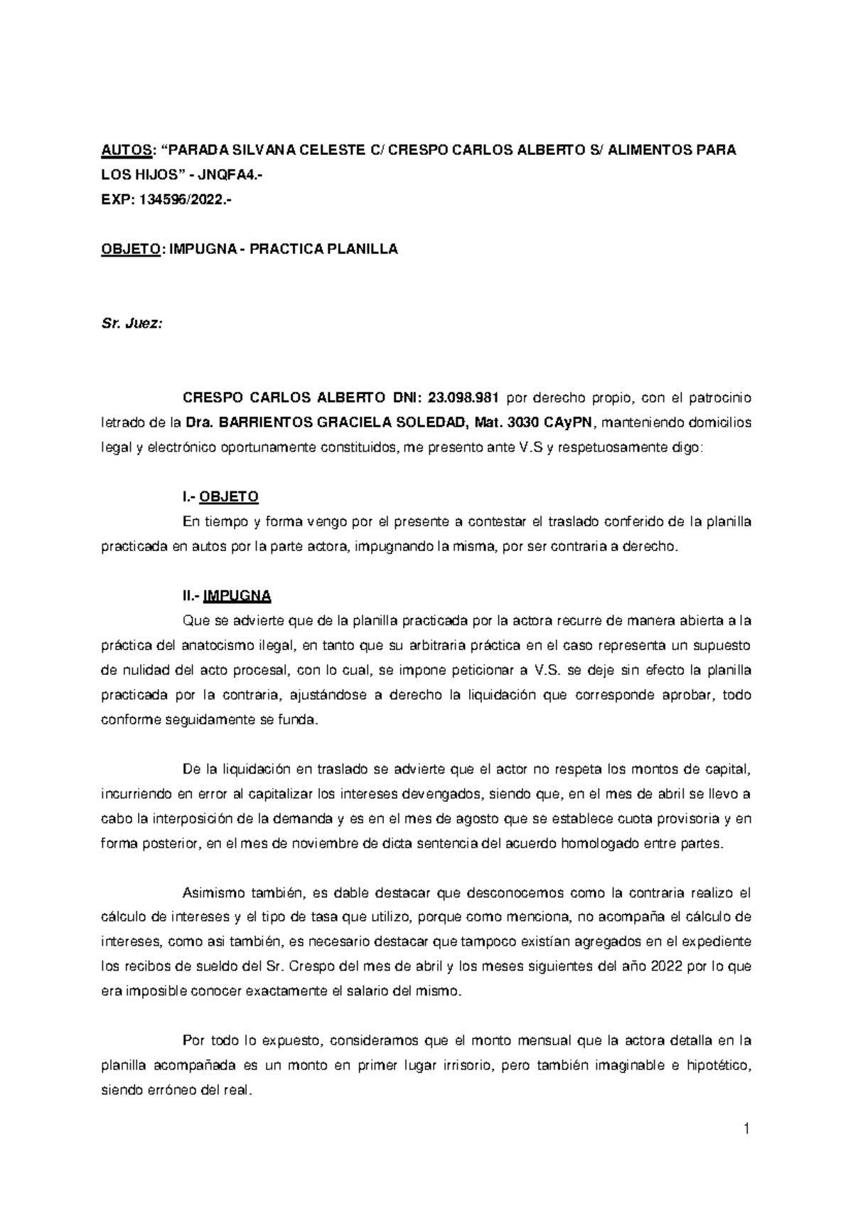 Impugnación de Planilla en el Caso Crespo vs. Silvana - EXP: 134596/ ...