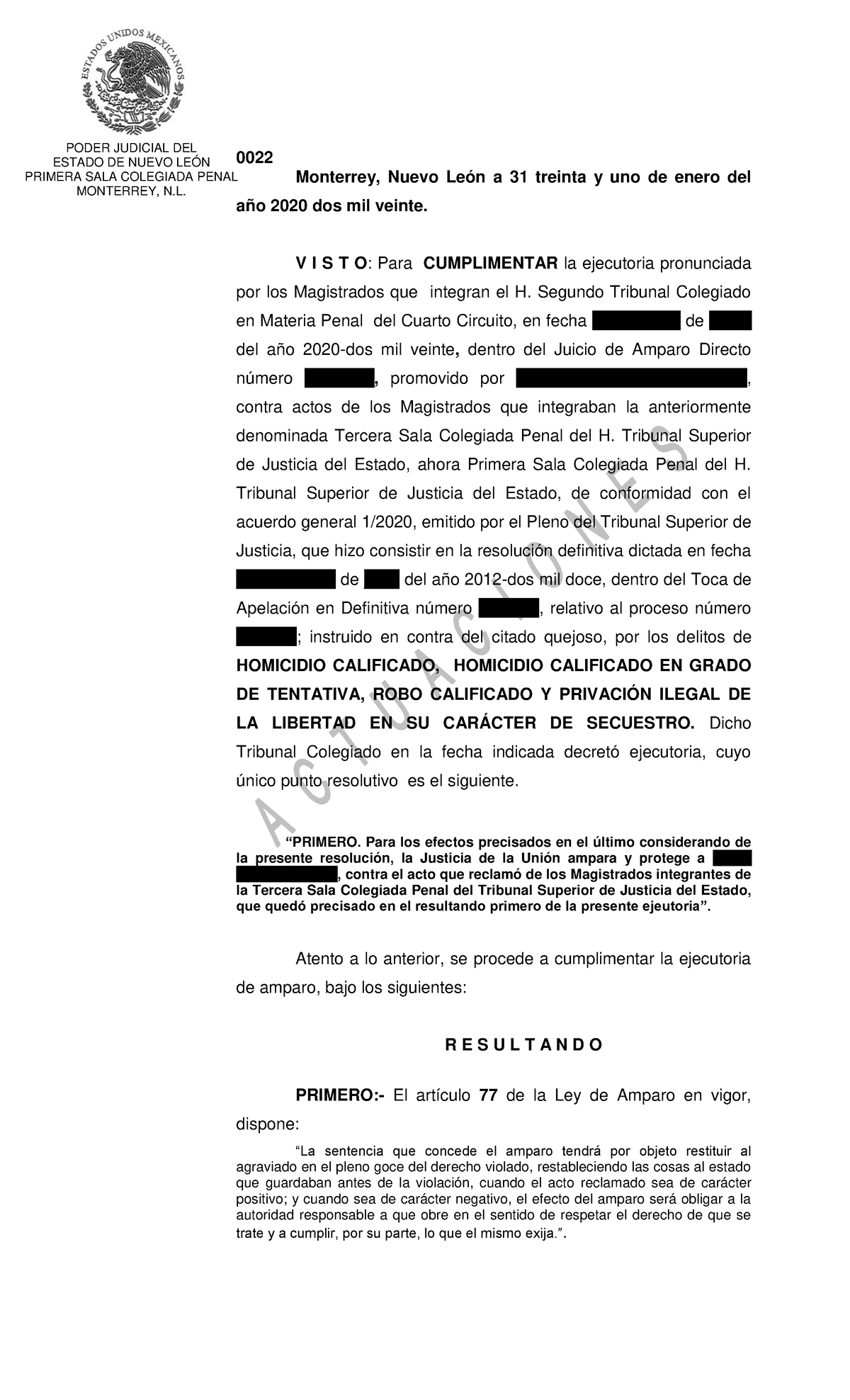 Sentencia del Caso Diego Santoy - Amparo Directo 124/2019 - Studocu