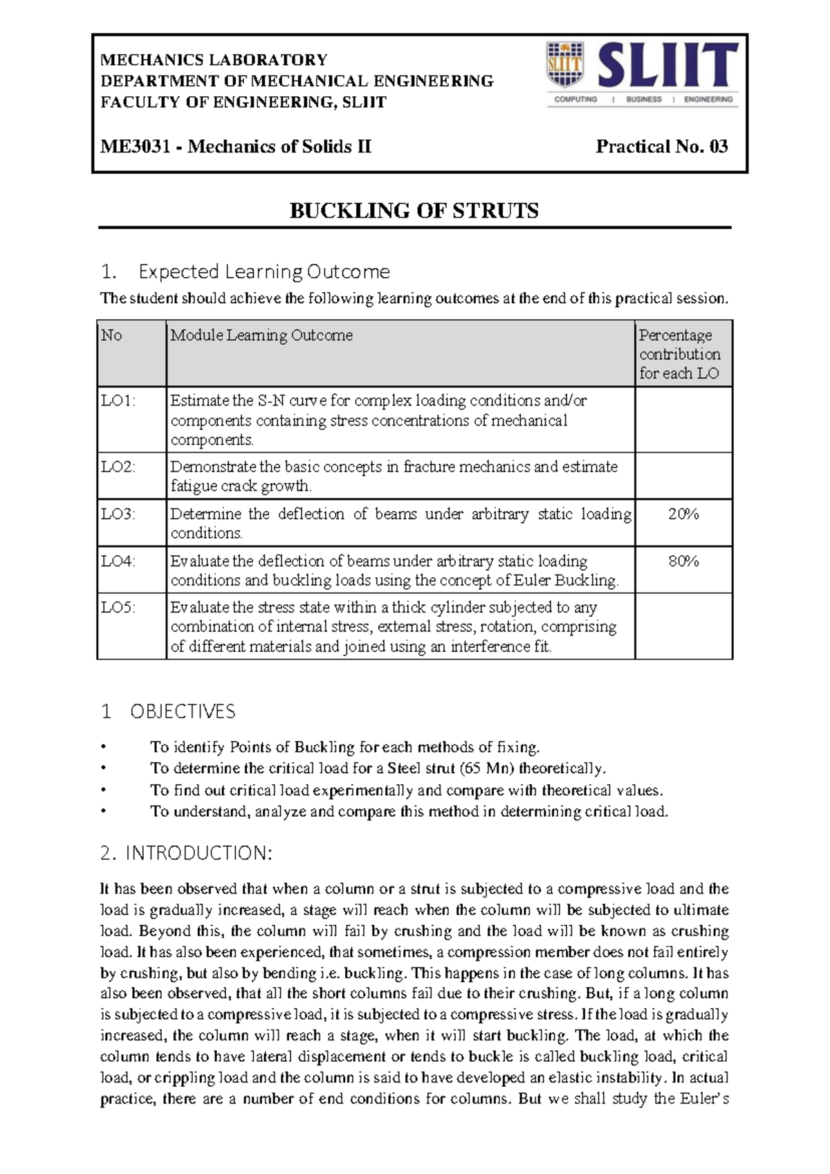 ME3031 Mechanics of Solids II: Buckling of Struts Lab Report - Studocu