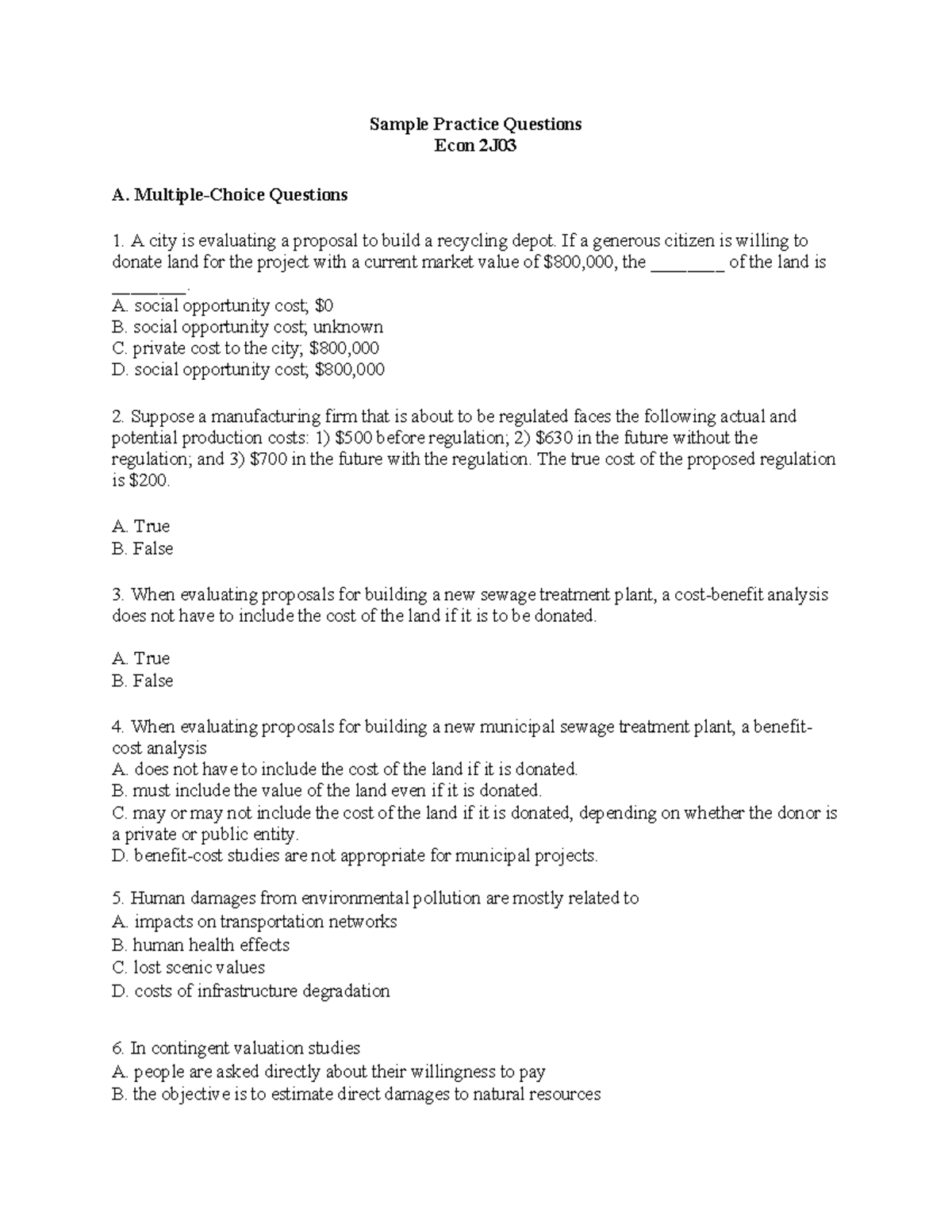 Sample Midterm Practice Questions for Econ 2J03 - Studocu