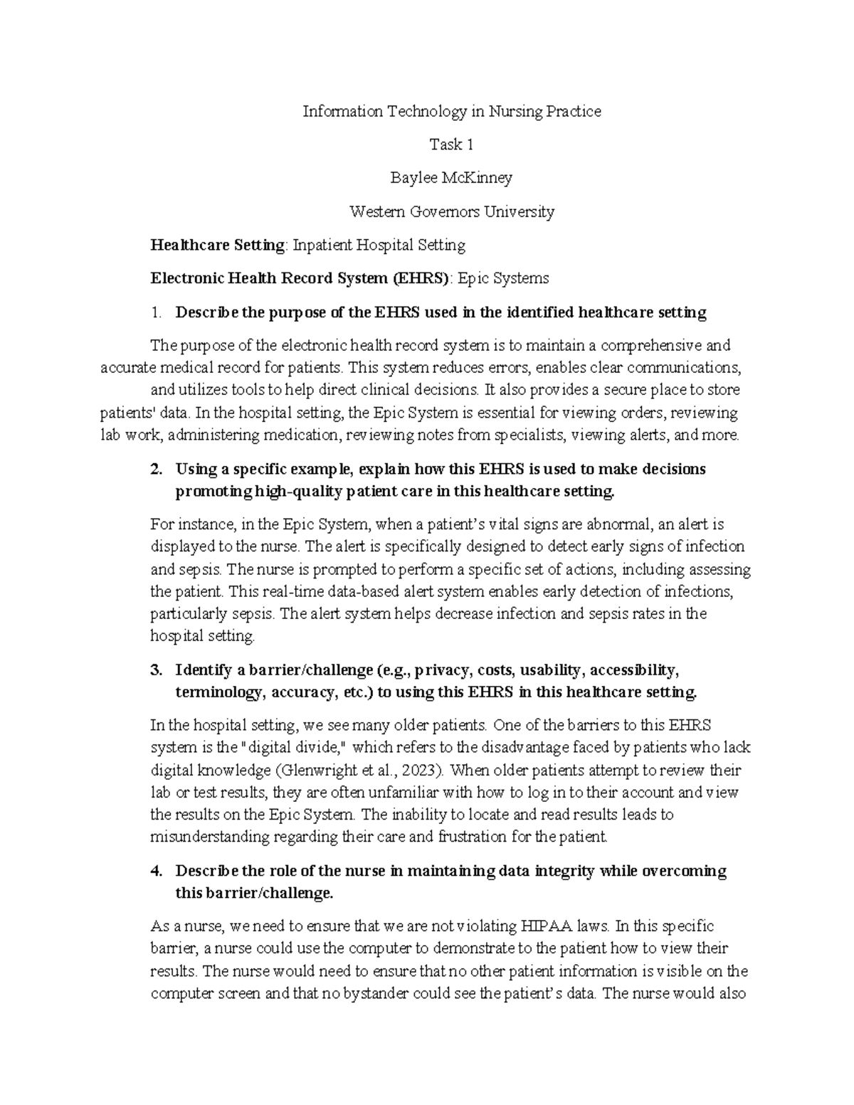 Information Technology in Nursing Practice: D220 Task 1 Analysis - Studocu