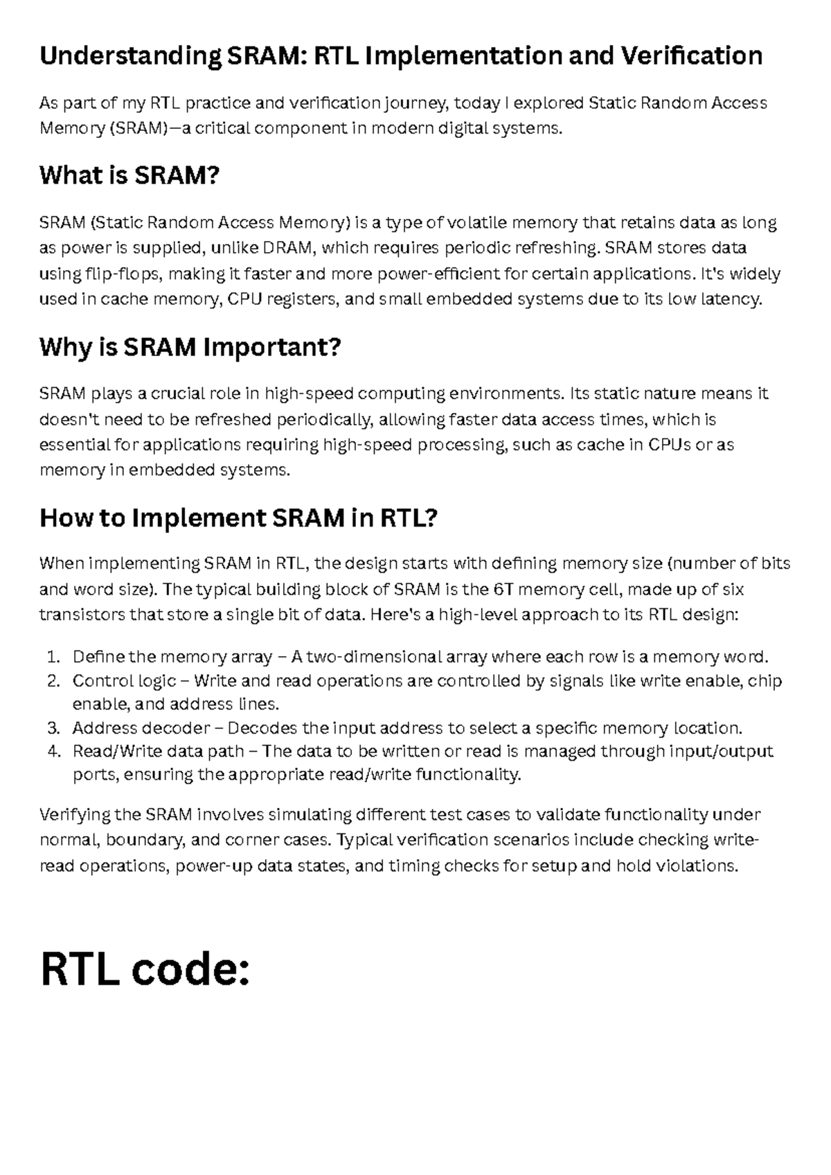 SRAM RTL Implementation & Verification Guide 20240924 - Studocu