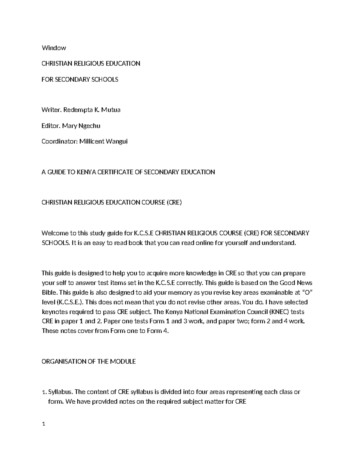 K.C.S.E. CRE Simplified Notes for Secondary Education - Form 1 - Studocu