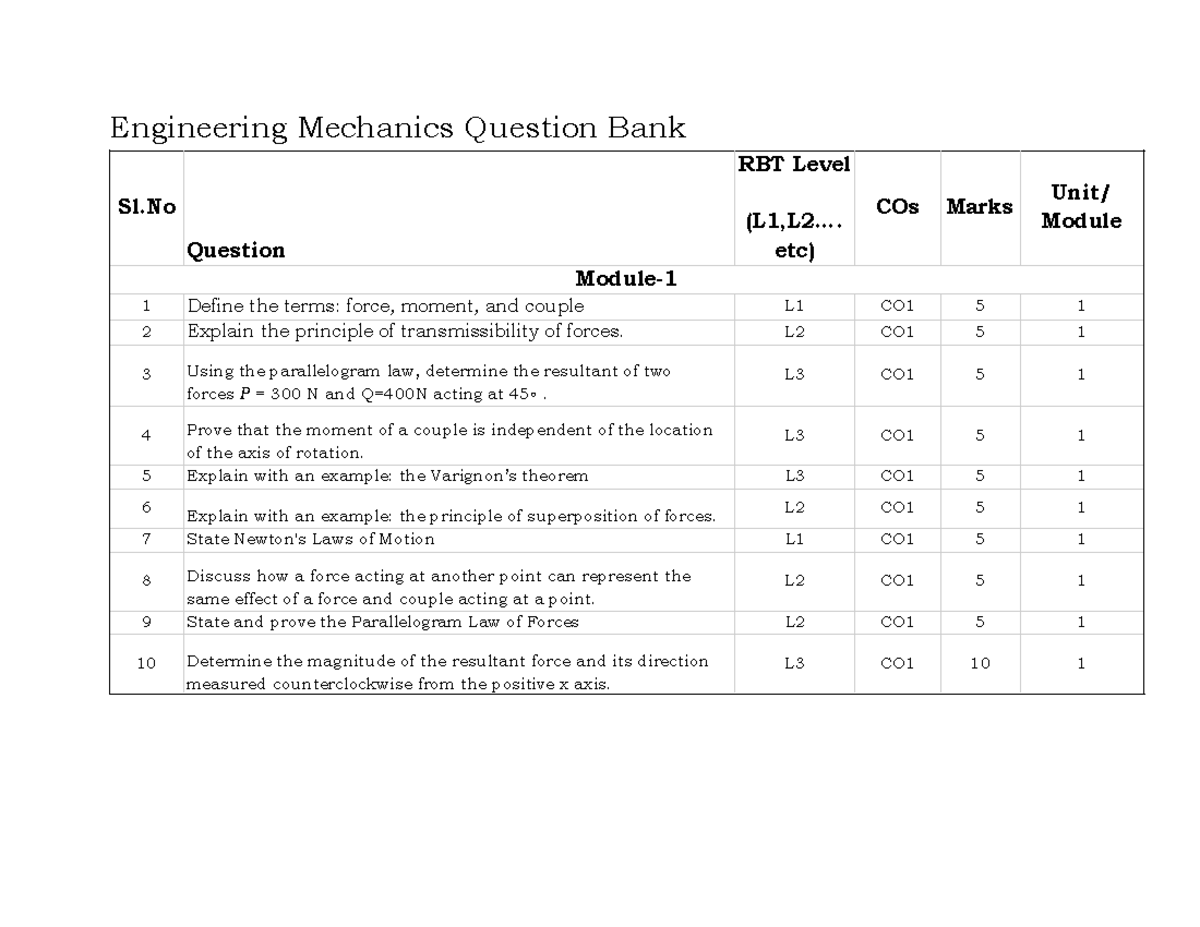 Engineering Mechanics Question Bank - Engineering Mechanics Question ...