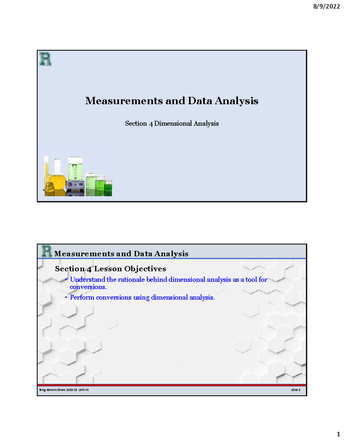 Dimensional Analysis in Chemistry - Tong Honors Chem Unit 01 - Studocu