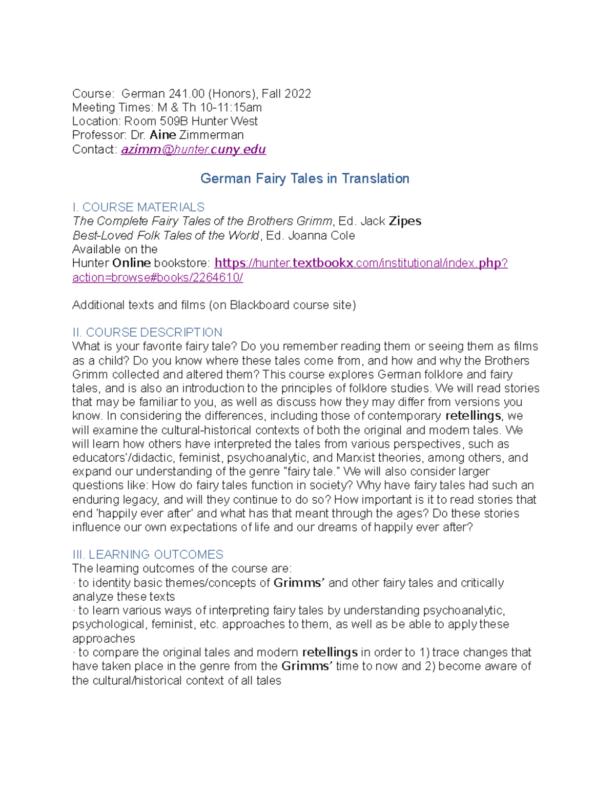 German 241: Fairy Tales Syllabus - Fall 2022 - Studocu