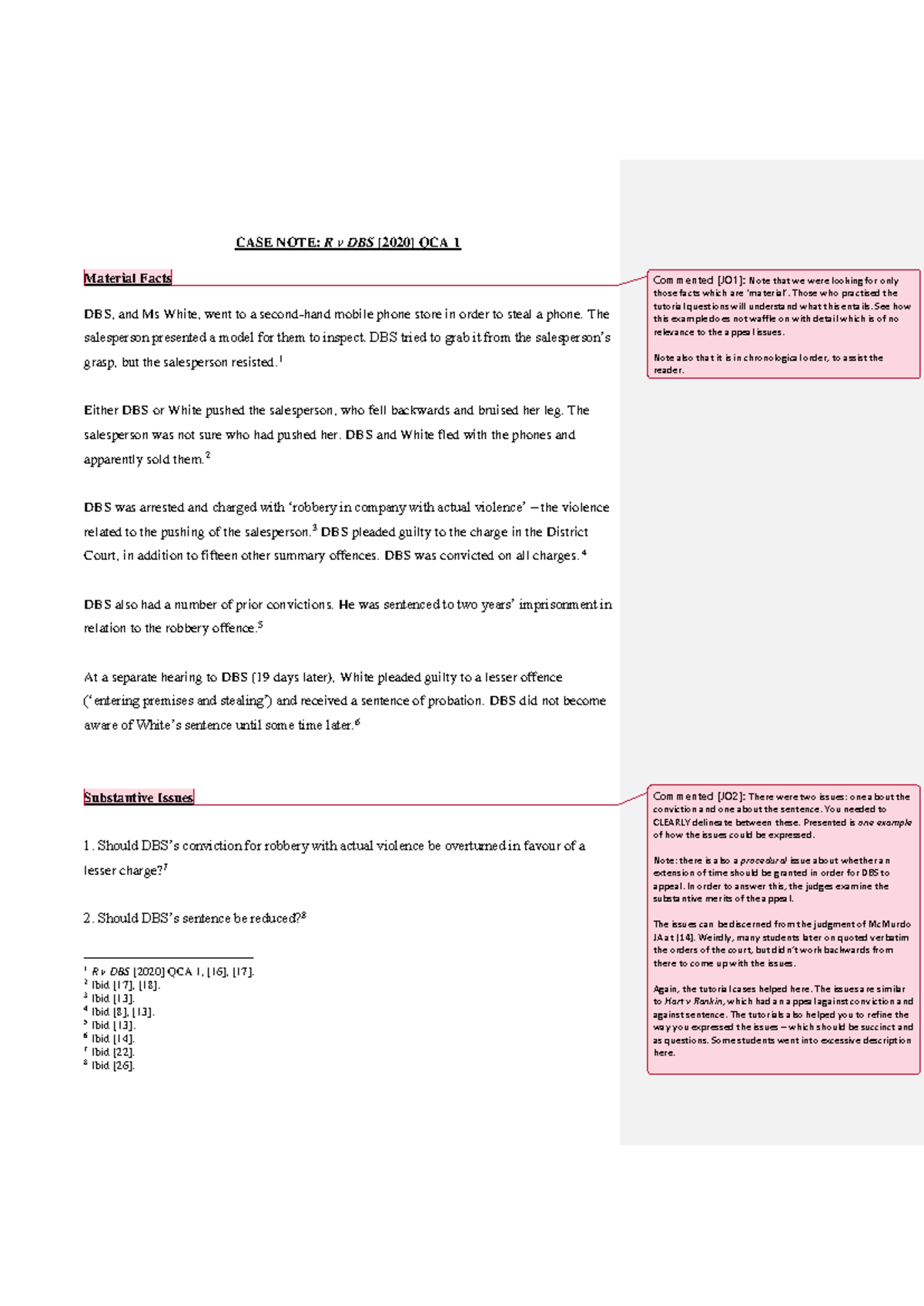 Case Note: R v DBS [2020] QCA 1 - Robbery Conviction Review - Studocu