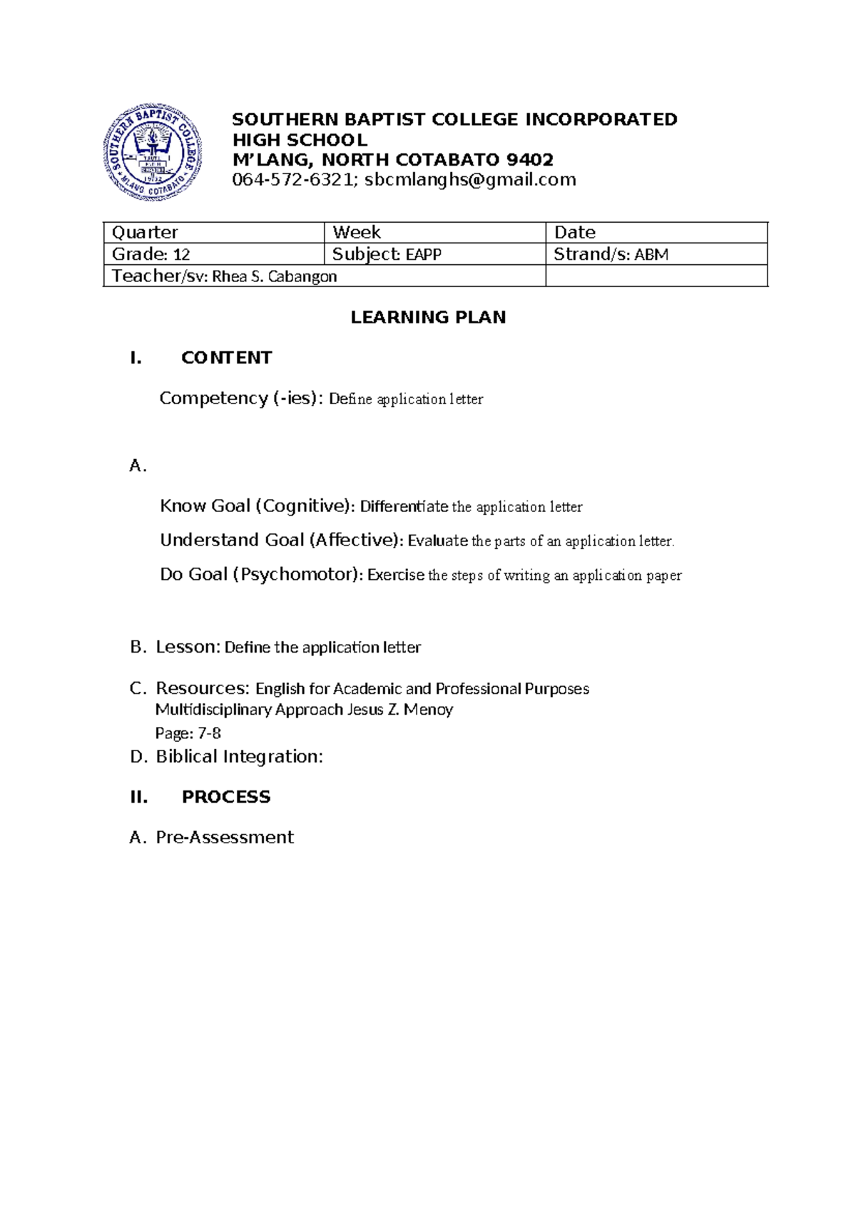Application Letter Learning Plan for EAPP Grade 12 ABM - Studocu
