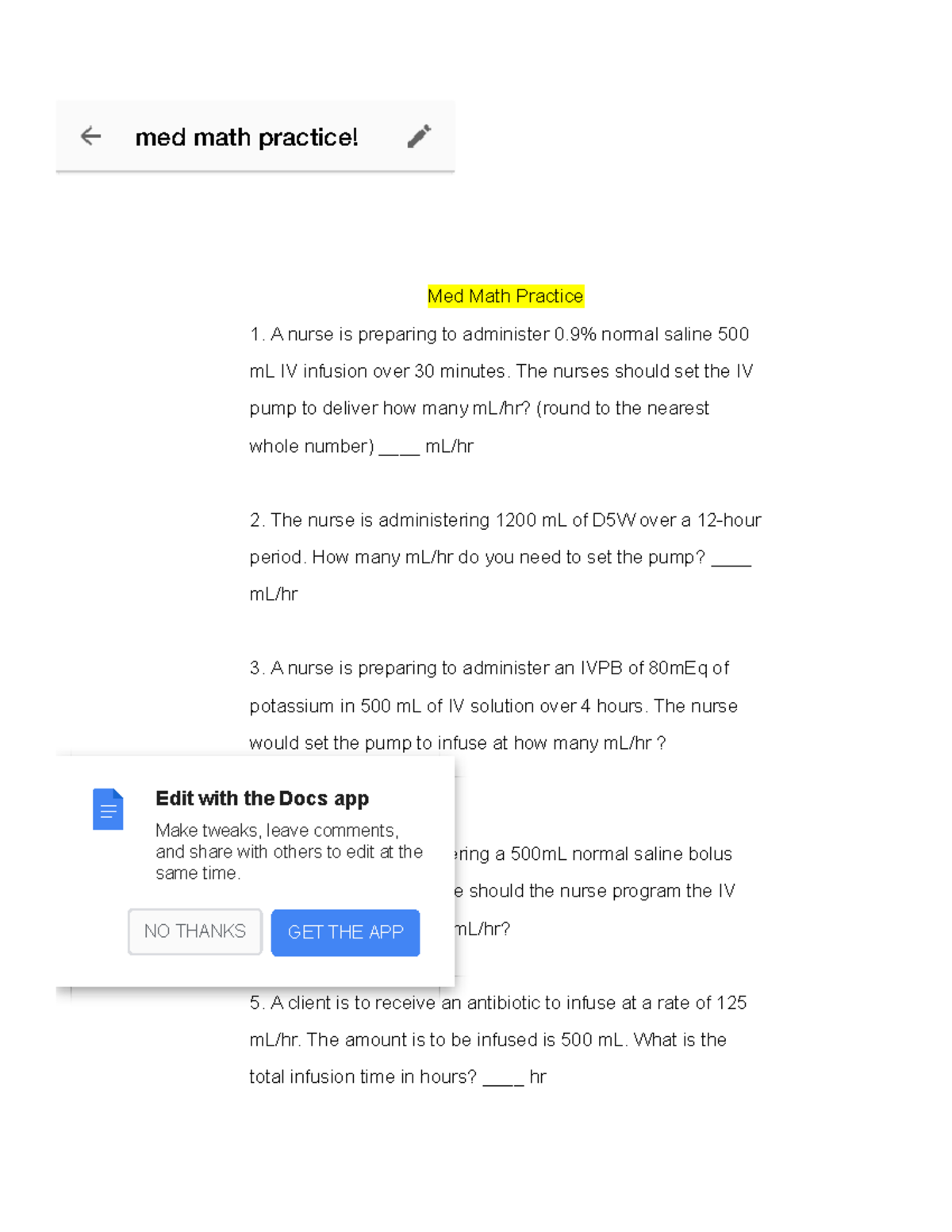 Med Math Practice for Nursing: Calculations and IV Infusion Rates - Studocu