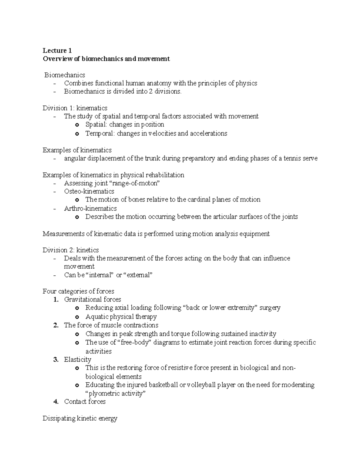Exam 1 Notes - Lecture 1 Overview of biomechanics and movement ...