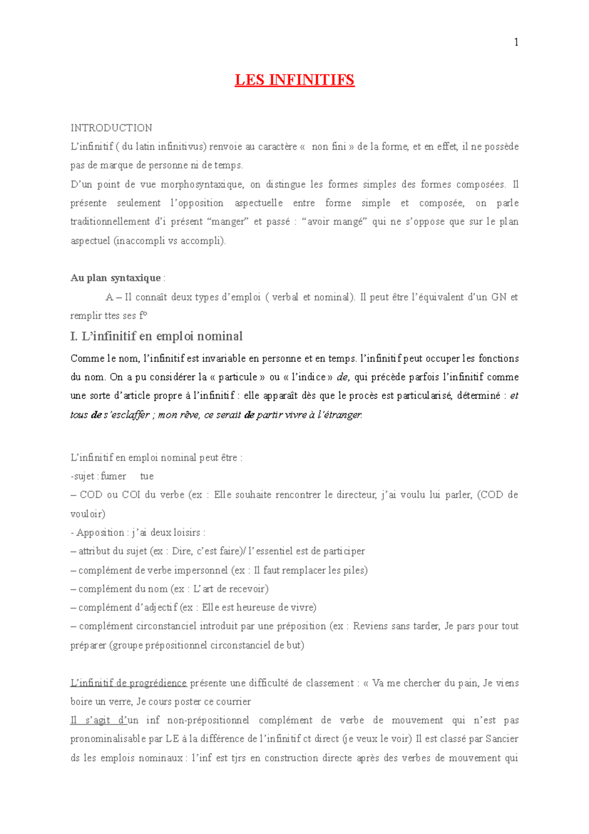 Fiche Grammaire - L'Infinitif en Français EK - Studocu