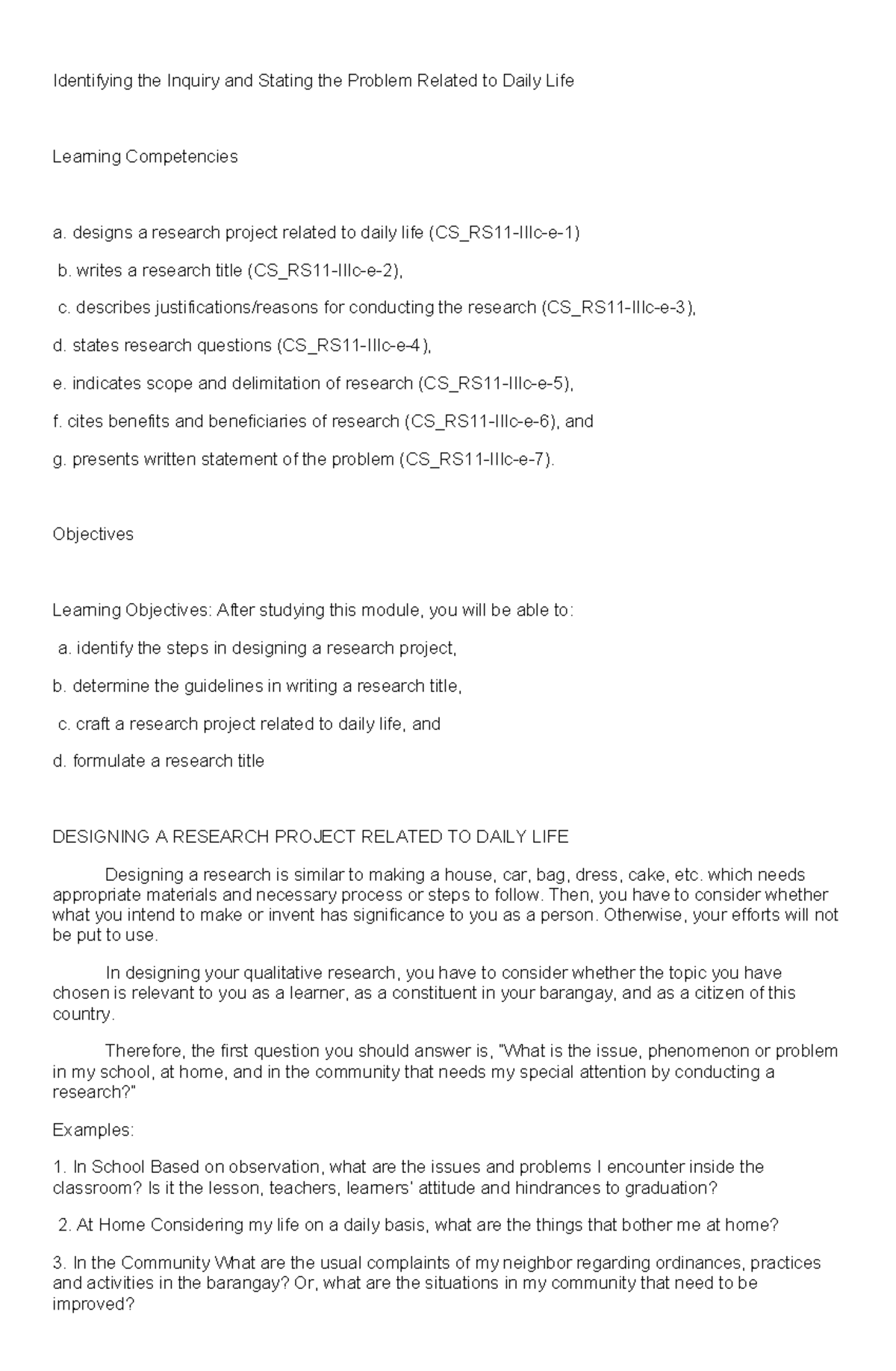 Designing a Research Project: Daily Life Competencies (PR1-M) - Studocu