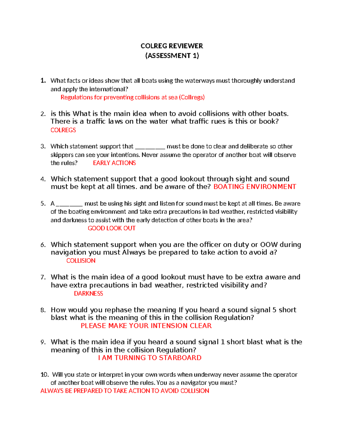COLREGS REVIEWER: ASSESSMENT 1 ON COLLISION AVOIDANCE - Studocu