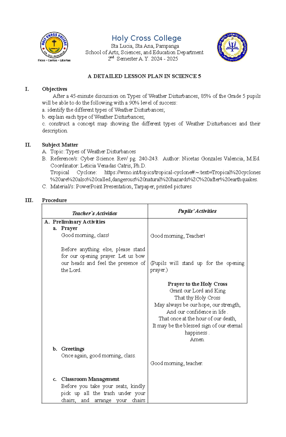 Detailed Lesson Plan in Science 5: Types of Weather Disturbances - Studocu