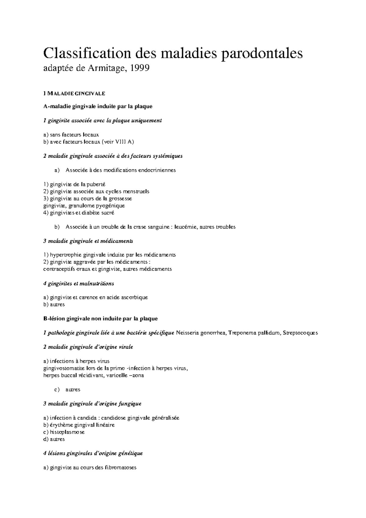 Classification des Maladies Parodontales - Adaptation Armitage - Studocu
