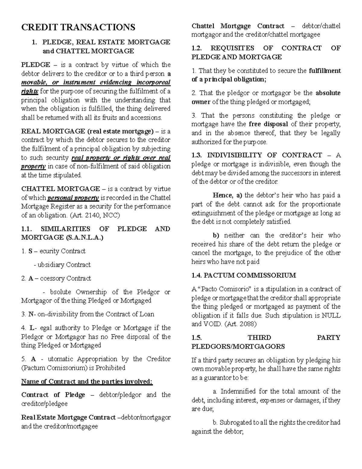 CREDIT TRANSACTIONS: Pledge, Mortgage, and Bouncing Check Law Overview ...