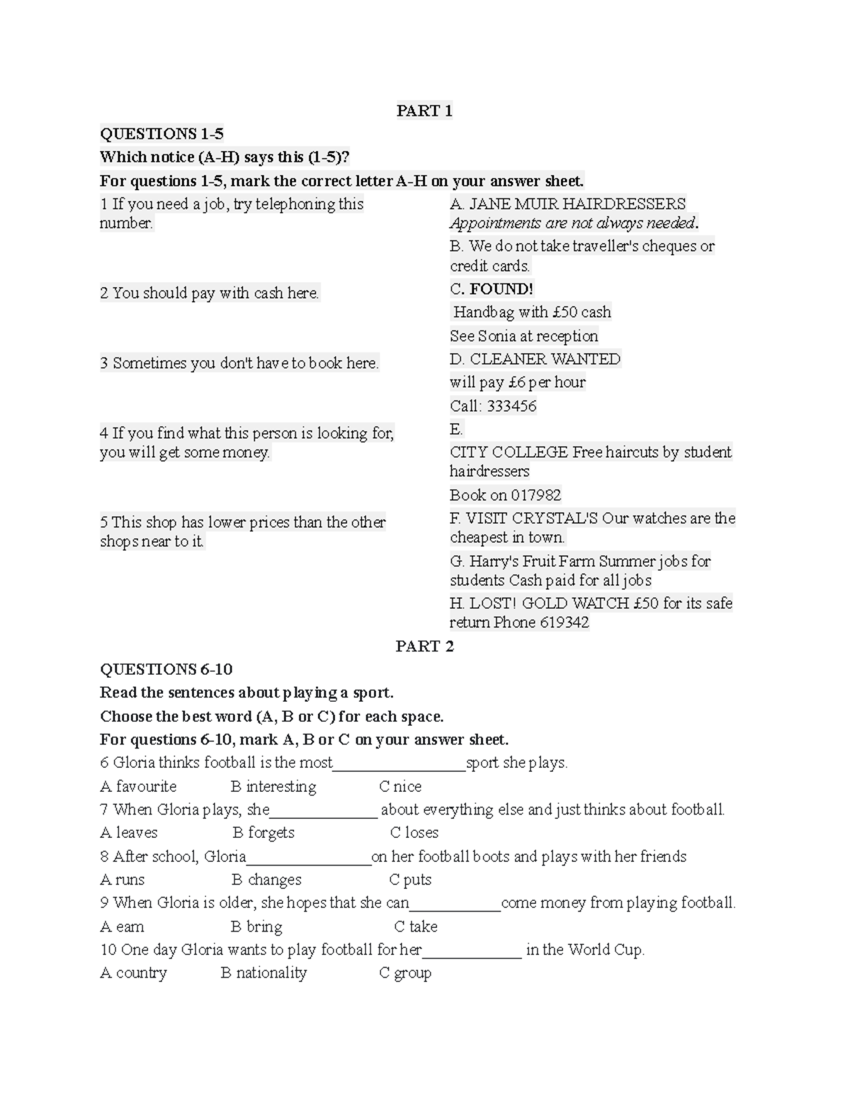PART 1-4 - English Language Practice Questions & Answers - Studocu