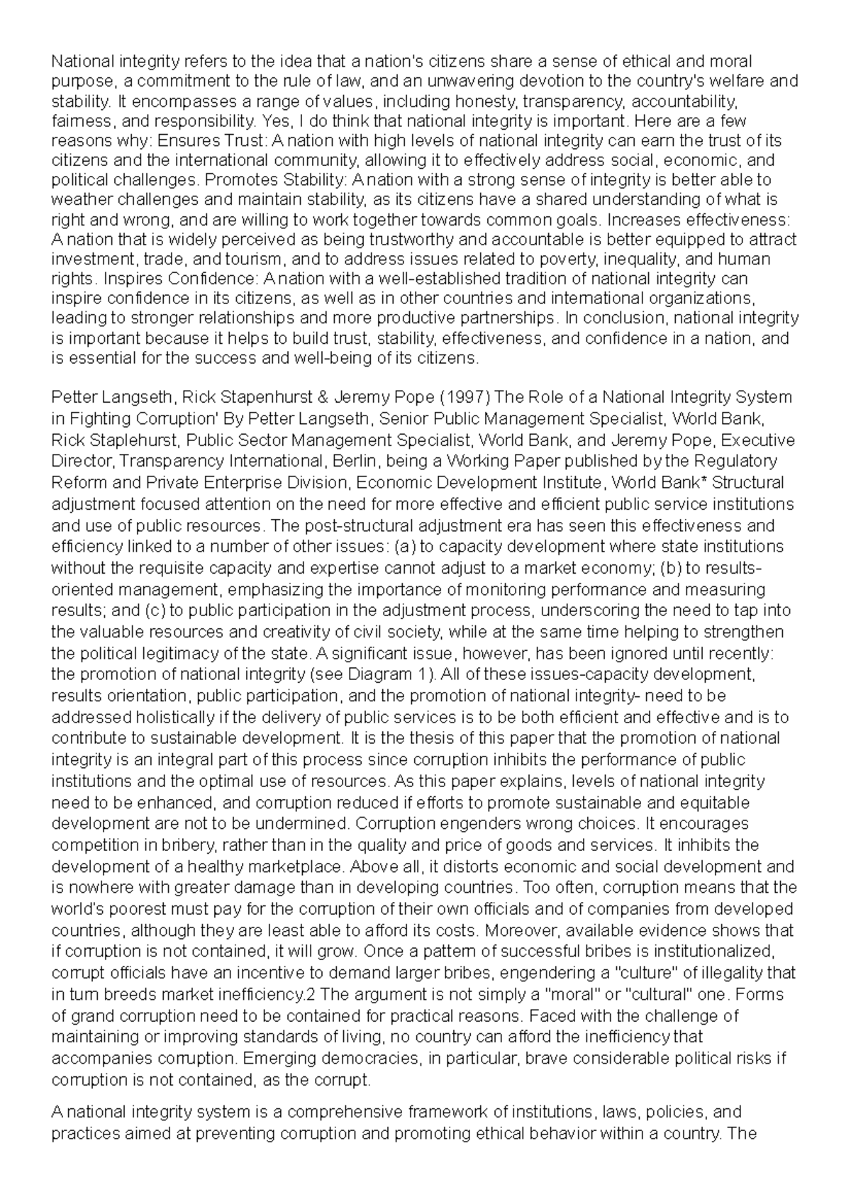 Essay Forum #8 - none - National integrity refers to the idea that a ...