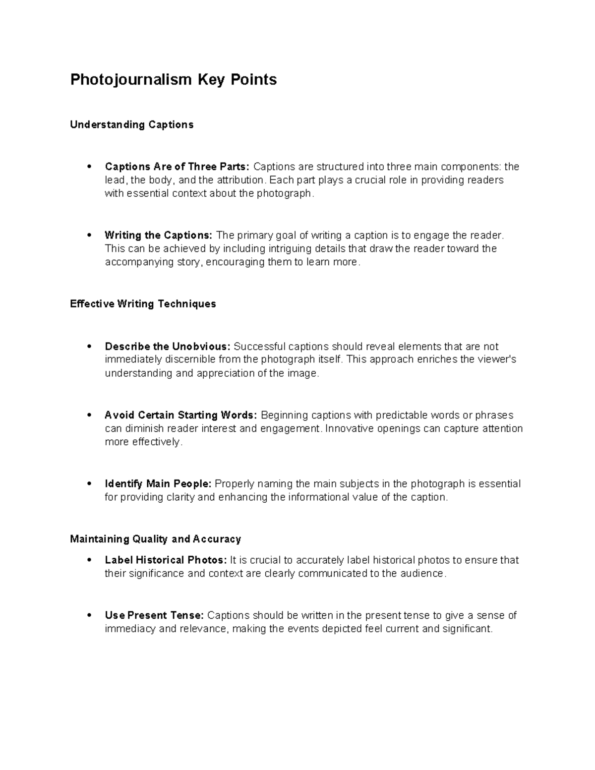 Photojournalism Lecture Notes: Key Points and Writing Techniques - Studocu