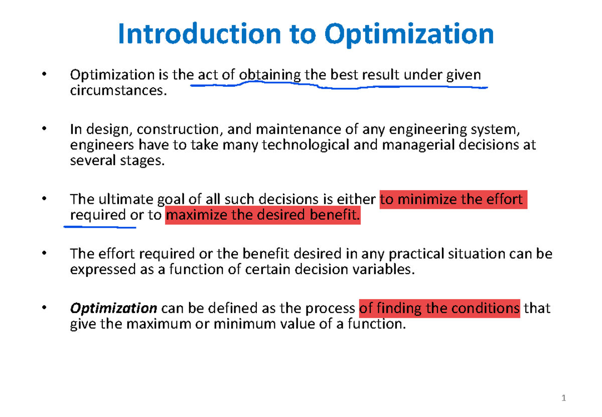 Optimization Concepts and Techniques - ENG 101 Part 1 - Studocu