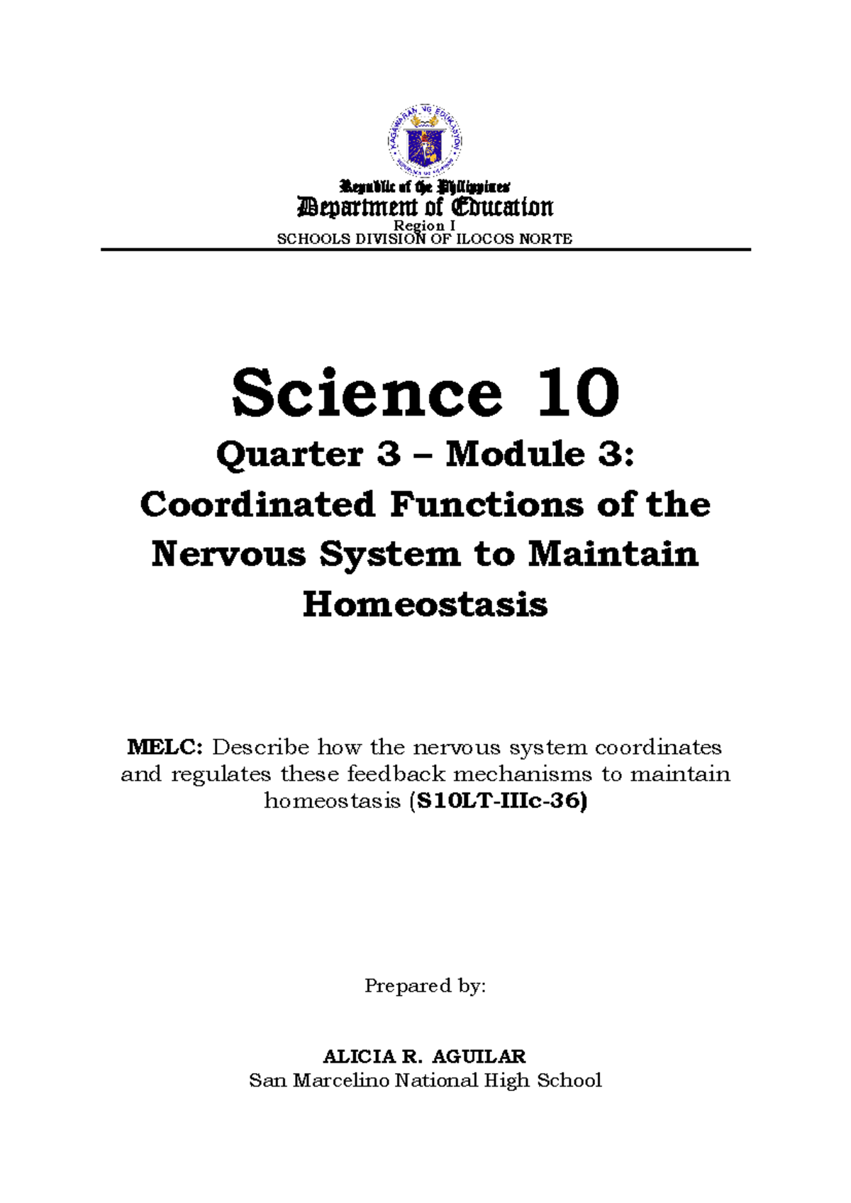Science 10 Q3 Week 3 MELC03 Module 3: Nervous System & Homeostasis ...