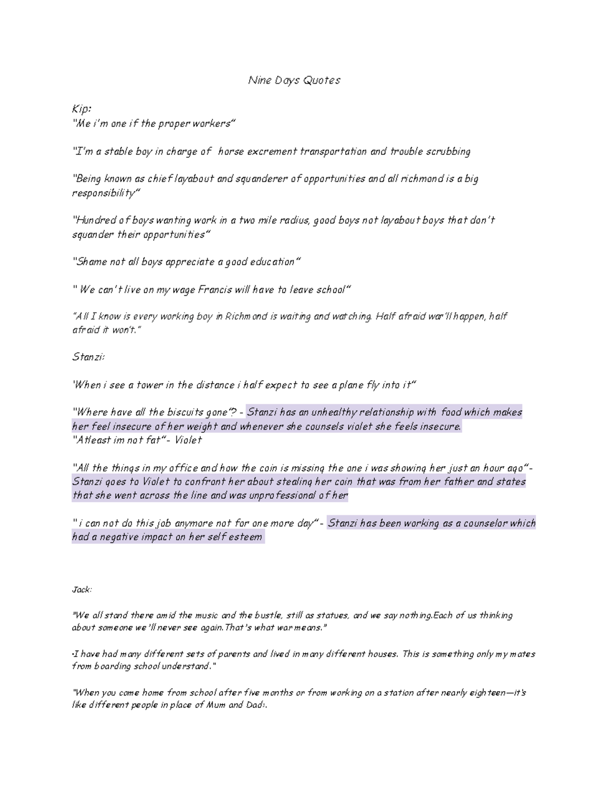 Nine Days Character Quotes Analysis - Key Themes and Insights - Studocu