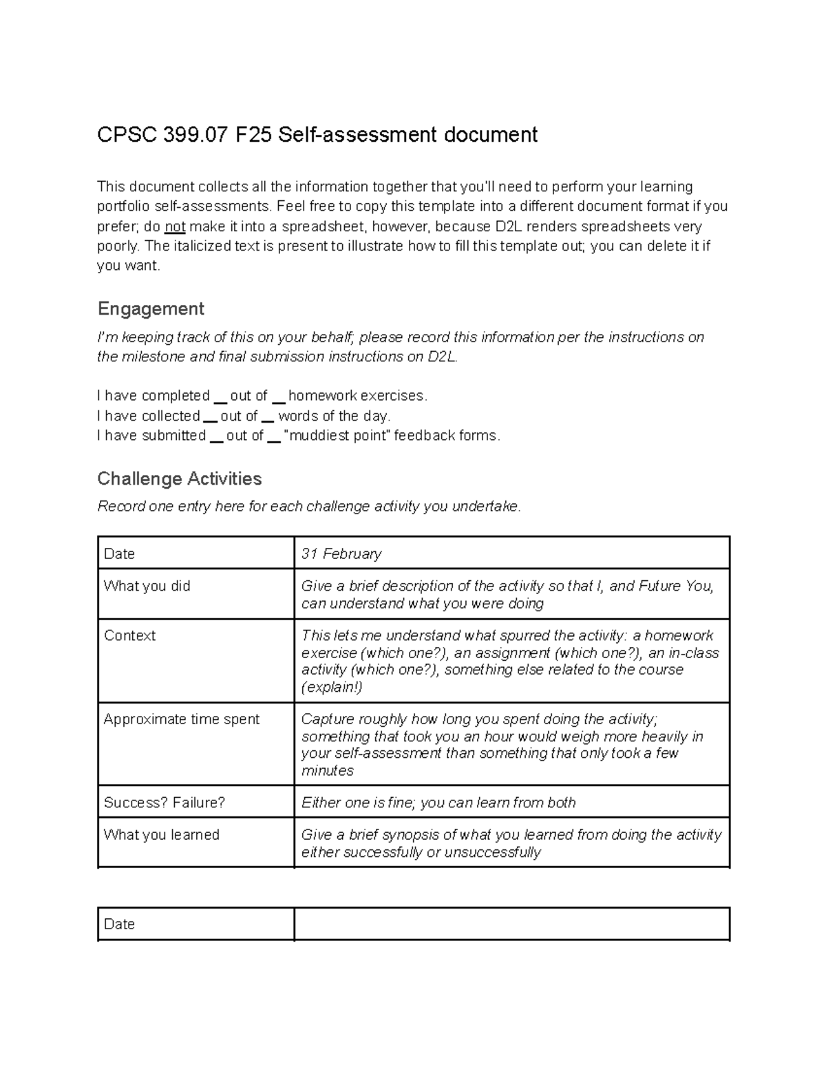 CPSC 399.07 F25 Learning Portfolio Self-Assessment Template - Studocu