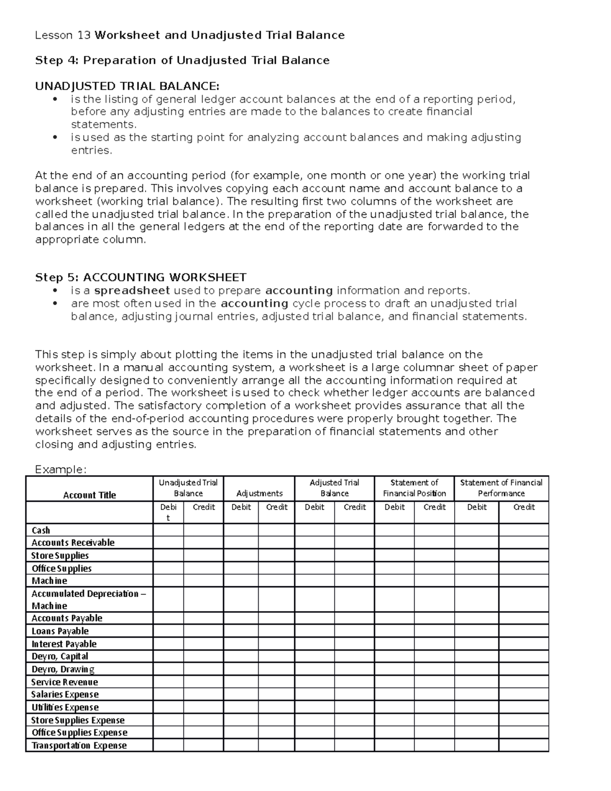 Lesson 13: Unadjusted Trial Balance Worksheet Guide - Studocu