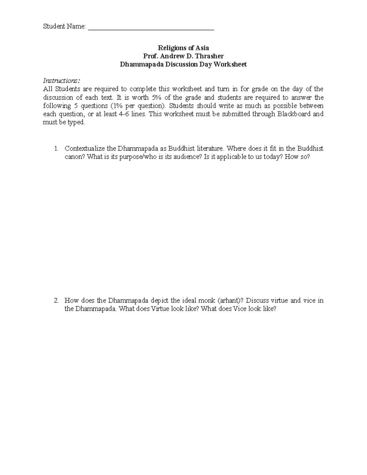 Religions of Asia: Dhammapada Discussion Day Worksheet Guide - Studocu
