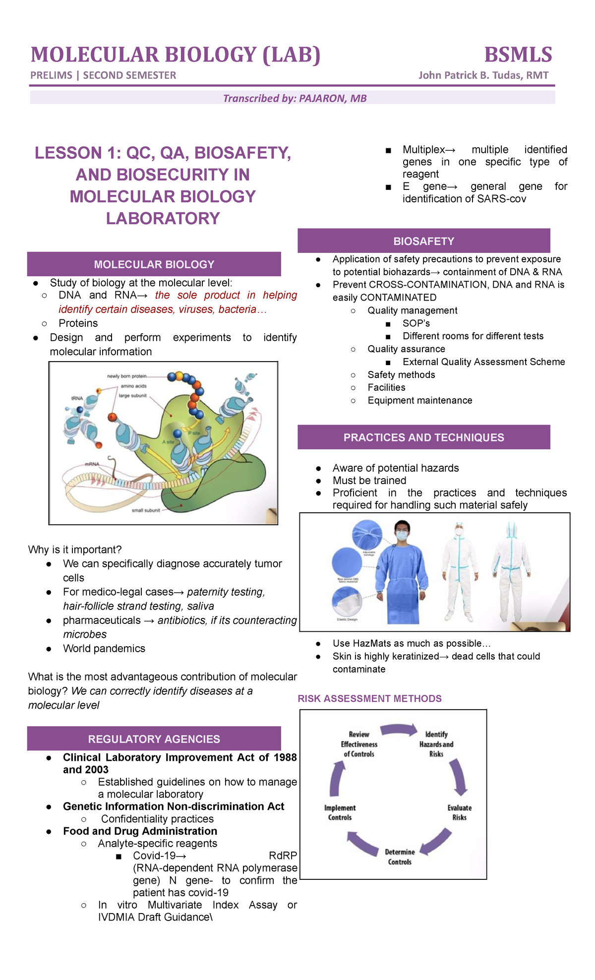 MOLECULAR BIOLOGY (LAB) PRELIMS BSMLS: QC, QA, BIOSAFETY Overview - Studocu