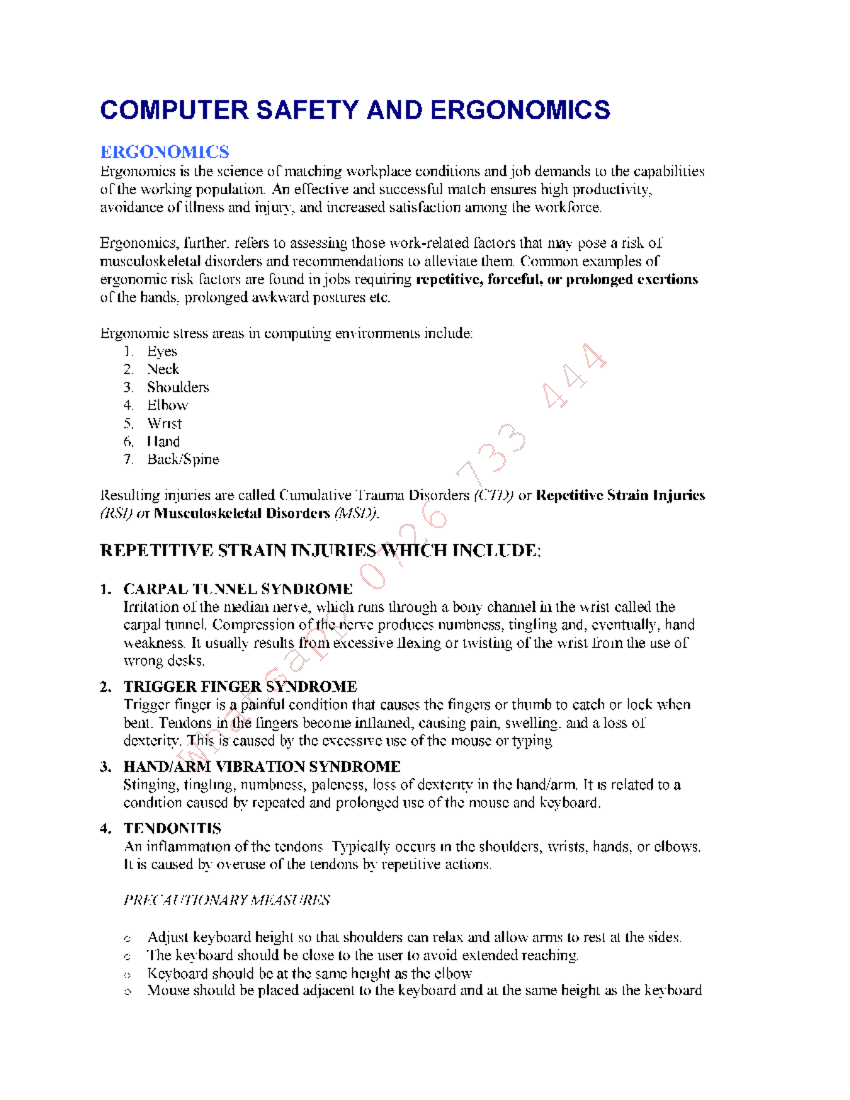 Computer Safety - COMPUTER SAFETY AND ERGONOMICS ERGONOMICS Ergonomics is the science of ...