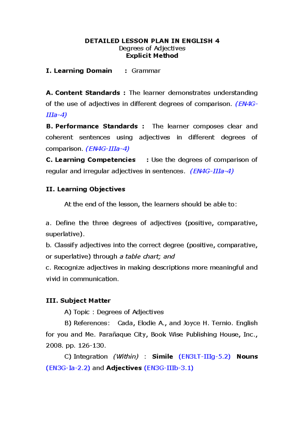 English 4: Detailed Lesson Plan on Degrees of Adjectives - Studocu