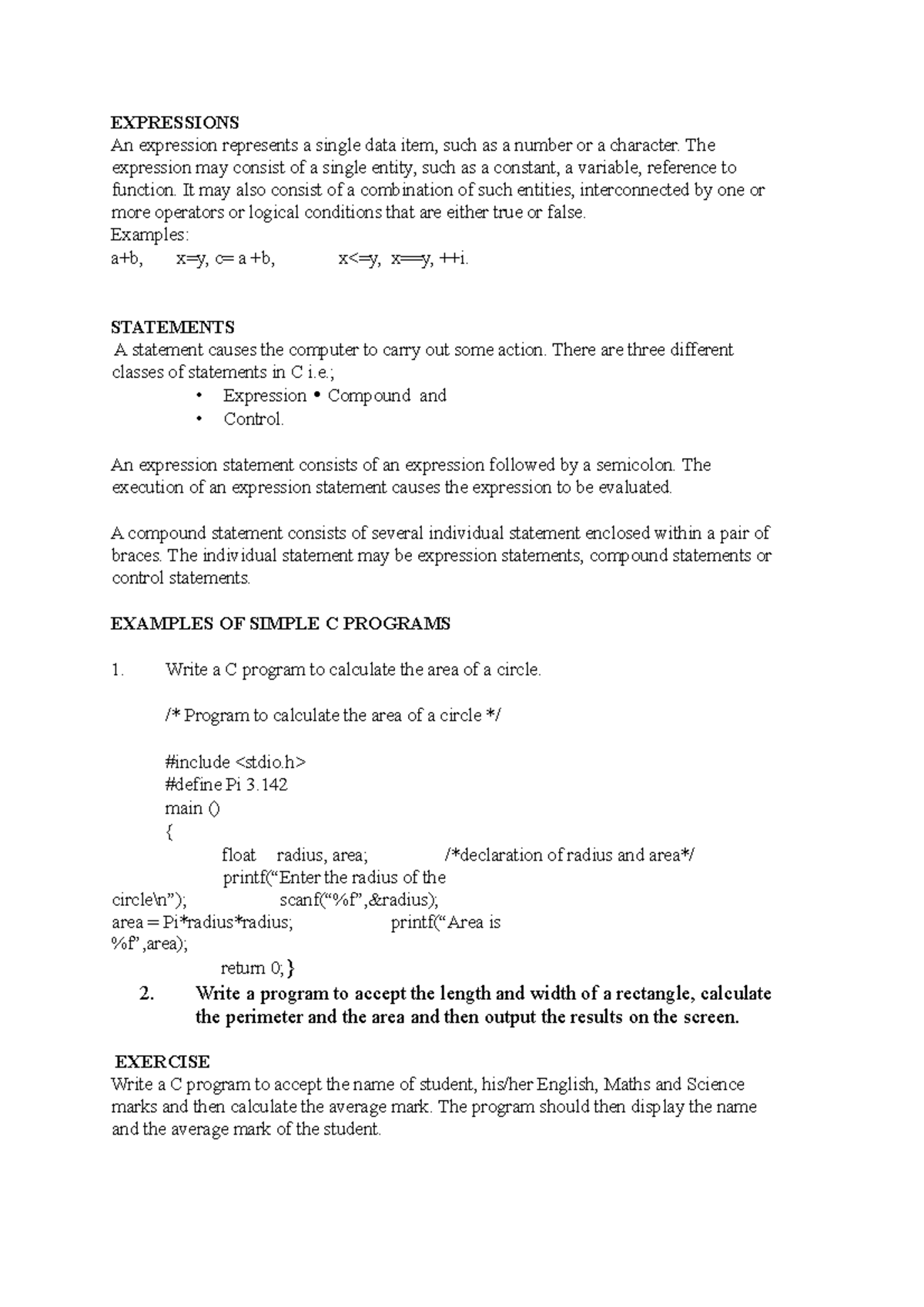 C Programming: Operators and Expressions Overview - Studocu