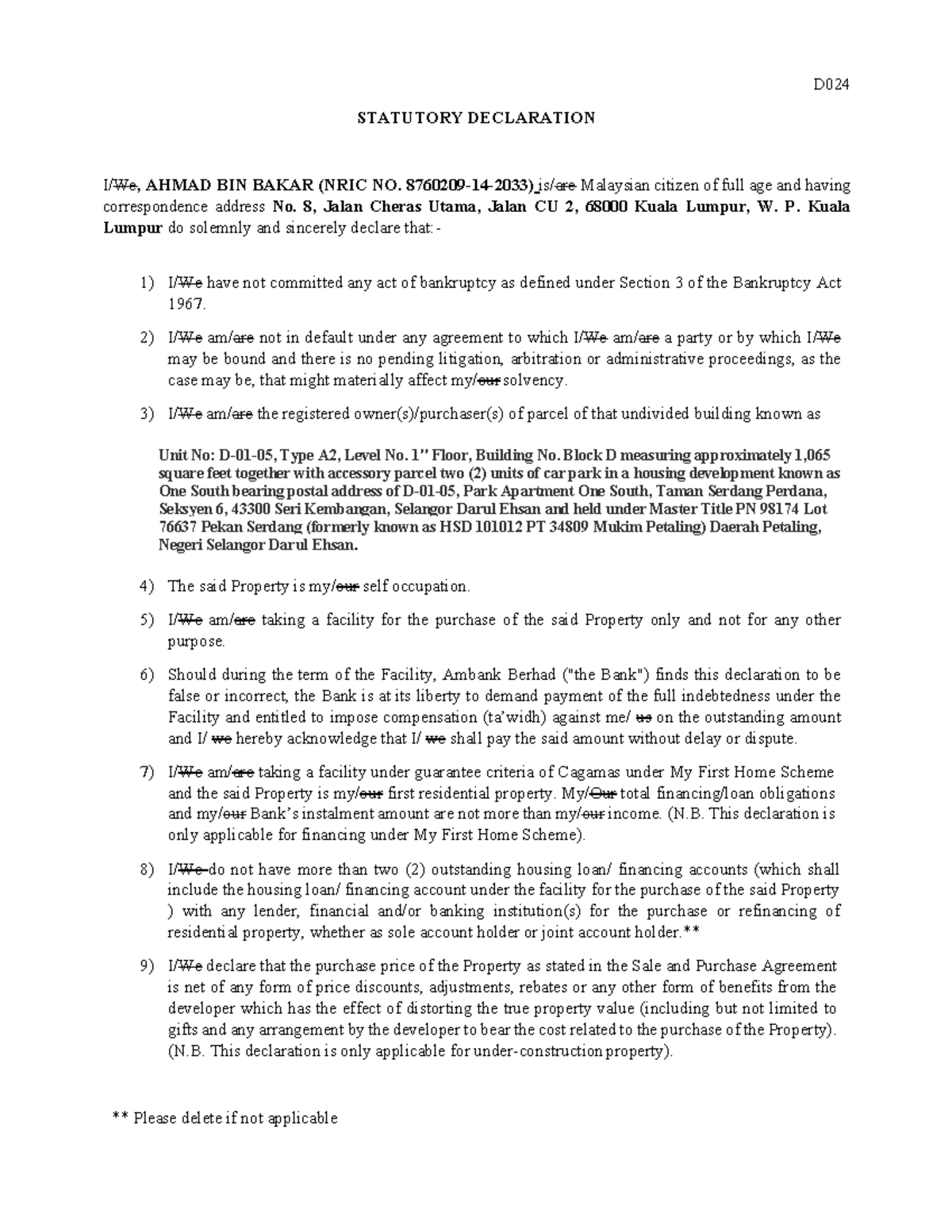 Statutory Declaration Sample: Non-Bankruptcy Affidavit Guide - Studocu