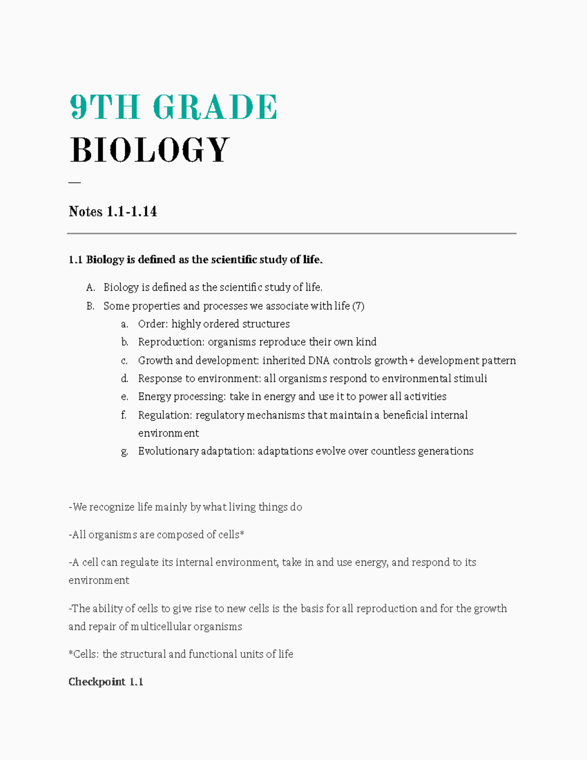 Bio 9th Grade Notes - Chapter 1: Intro to Biology Concepts and Science ...