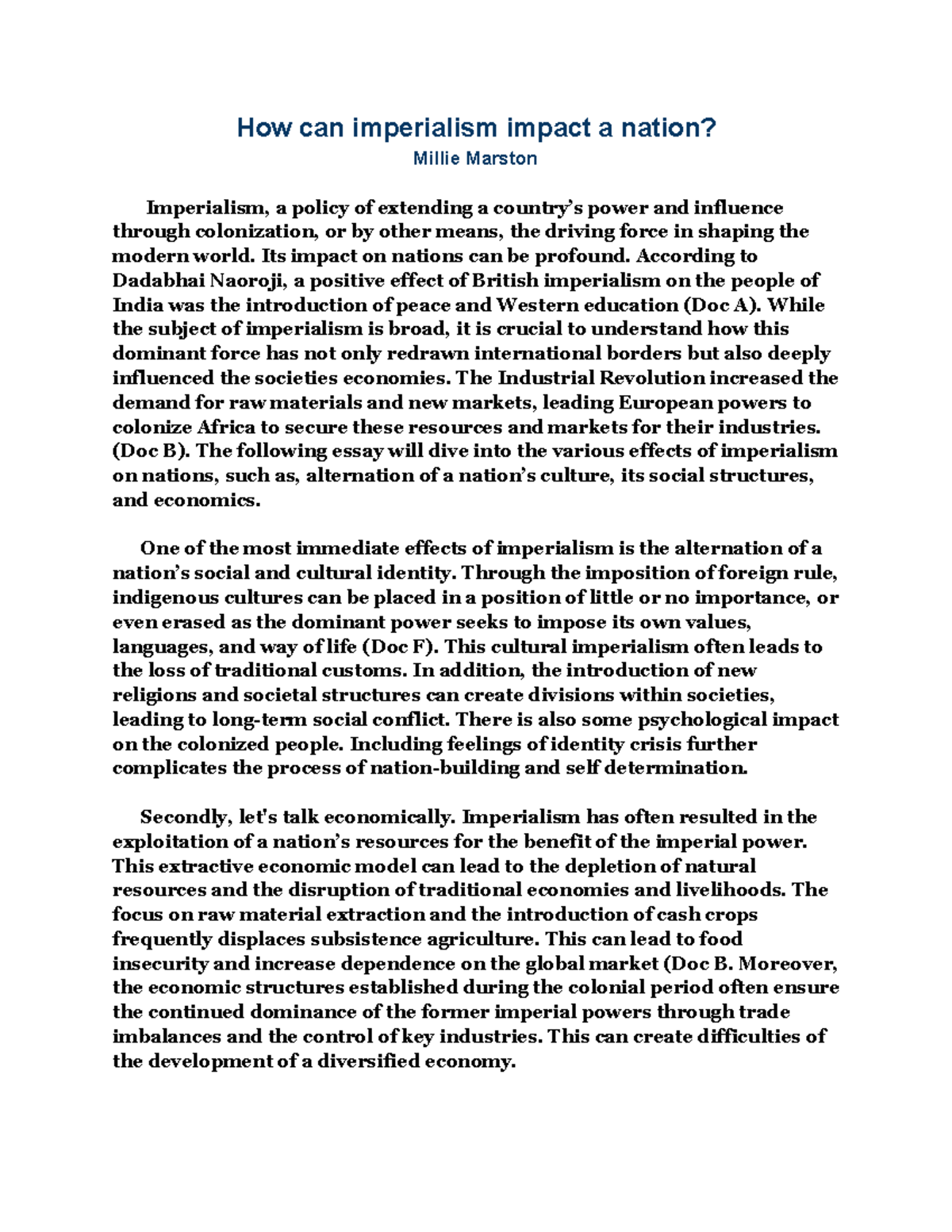 Imperialism's Impact on Nations: A PBA Essay - History - Studocu