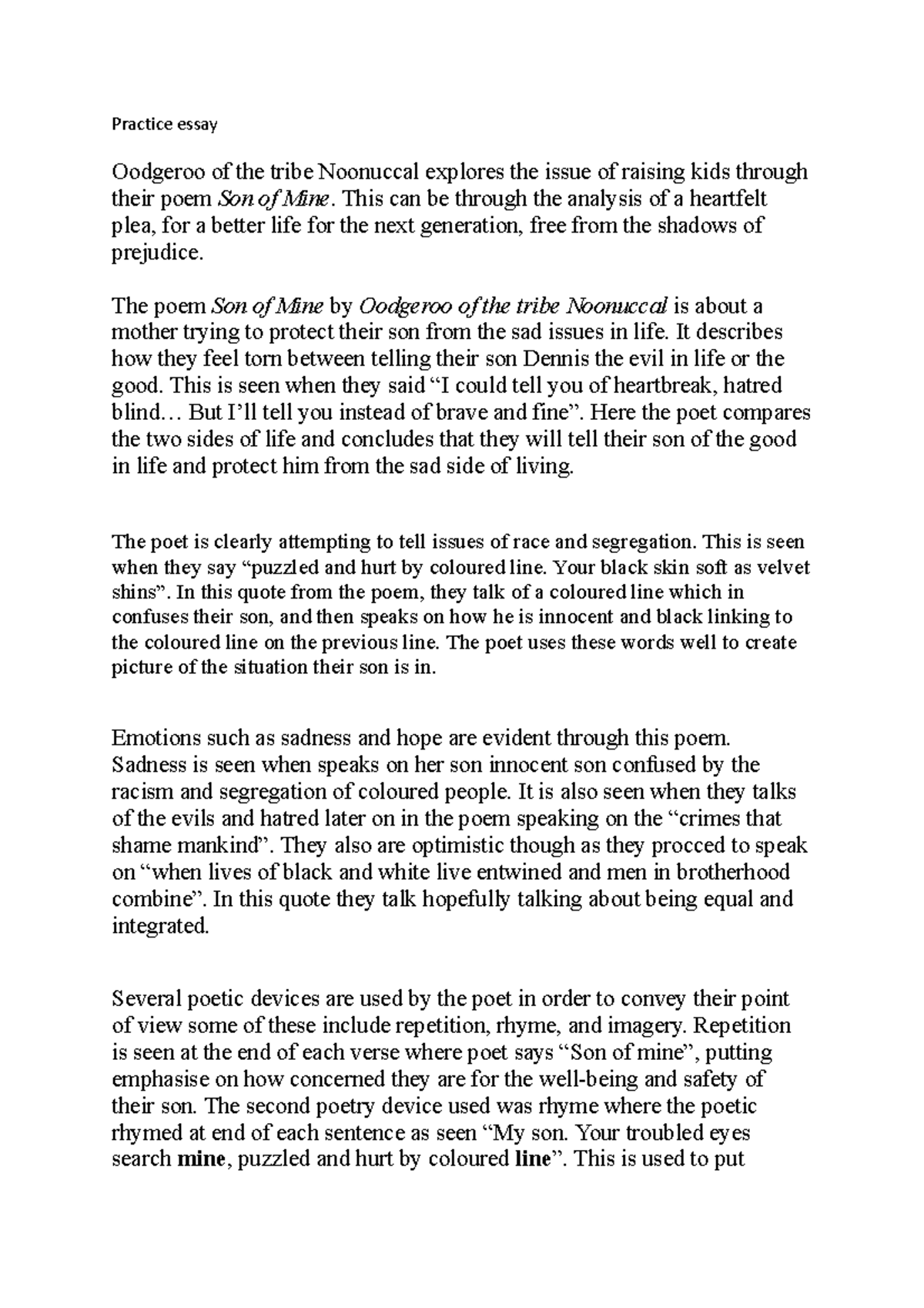 ENG 102: Practice Essay on Oodgeroo's "Son of Mine" Analysis - Studocu